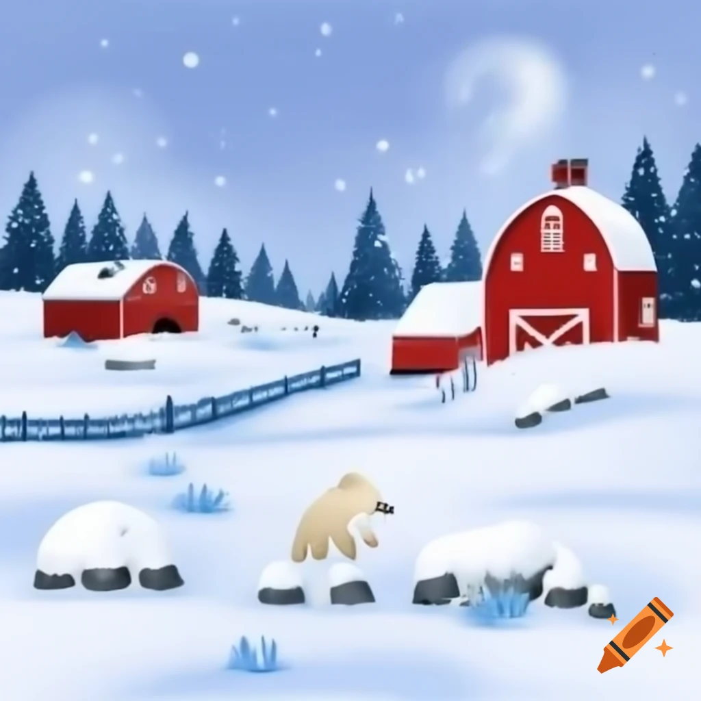 Snowy rural landscape with red barn and polar bear playing with snowman ...