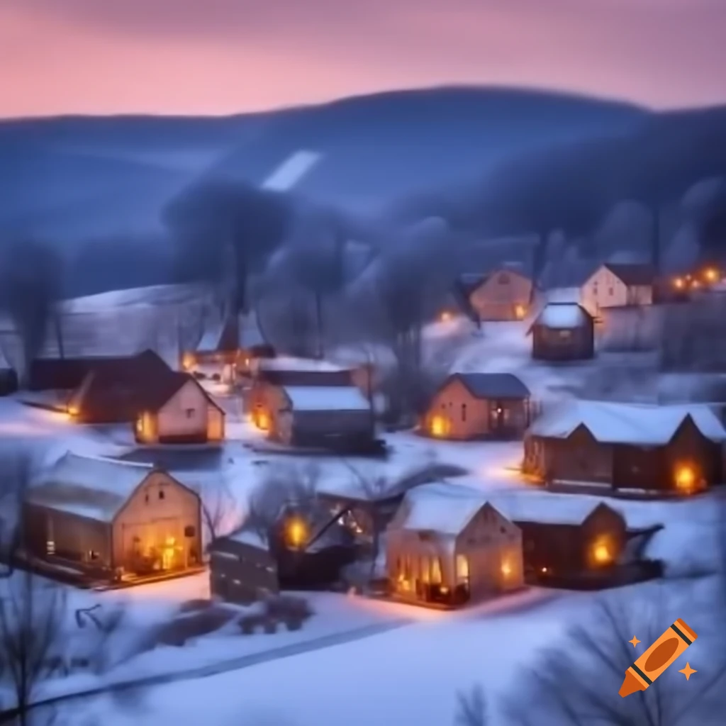 Snow-covered Christmas-decorated houses in a mining town in the North ...