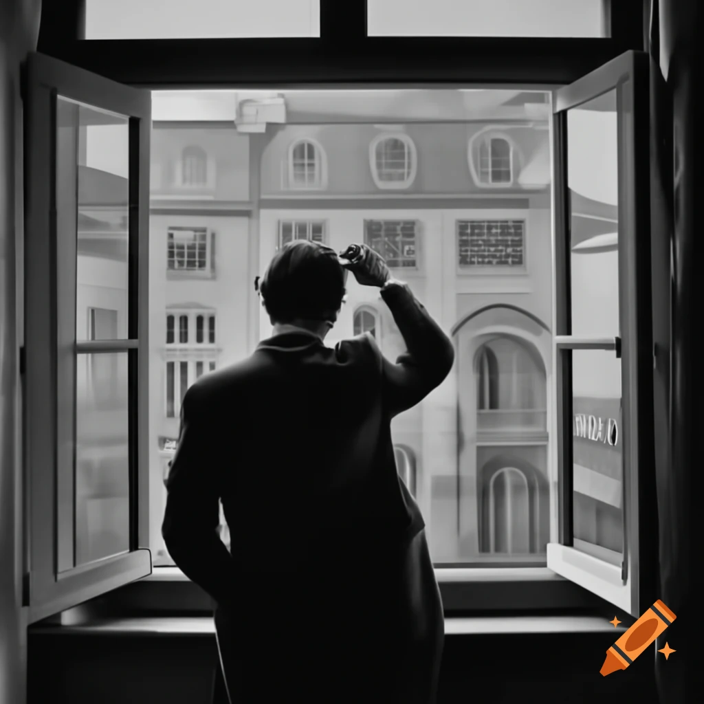Man in suit looking out window at luxury cityscape on Craiyon