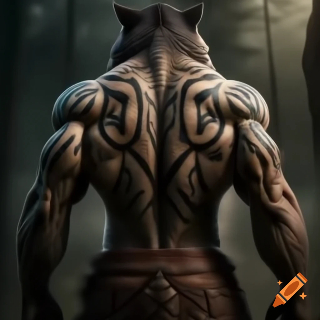 Muscular werewolf-tiger warrior with Maori tattoos from the back on Craiyon