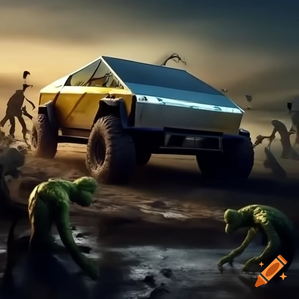 Cybertruck in zombie apocalypse with two zombies in front on Craiyon