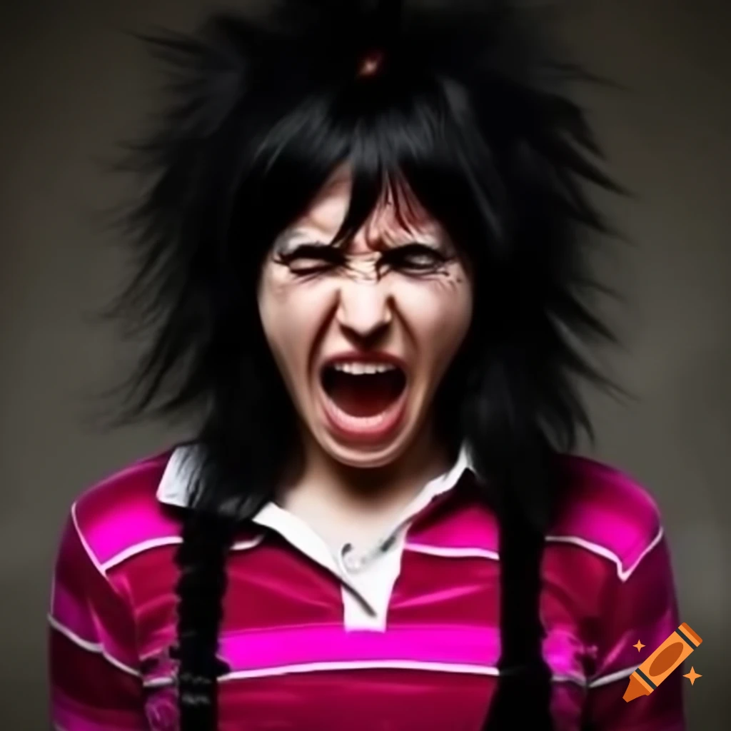 Emo woman expressing anger in striped velvet rugby shirt on Craiyon