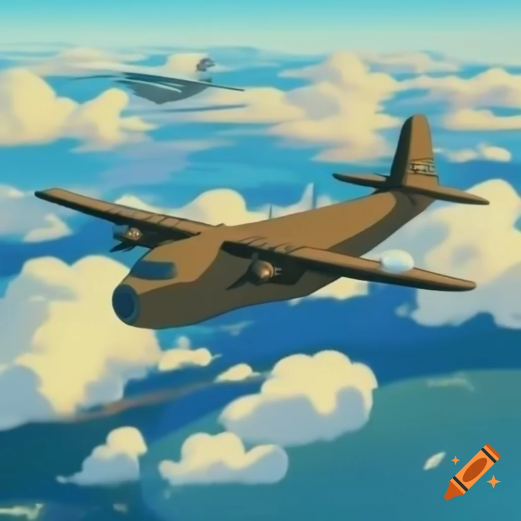 Cargo plane flying over Southeast Asia in Studio Ghibli animation style ...