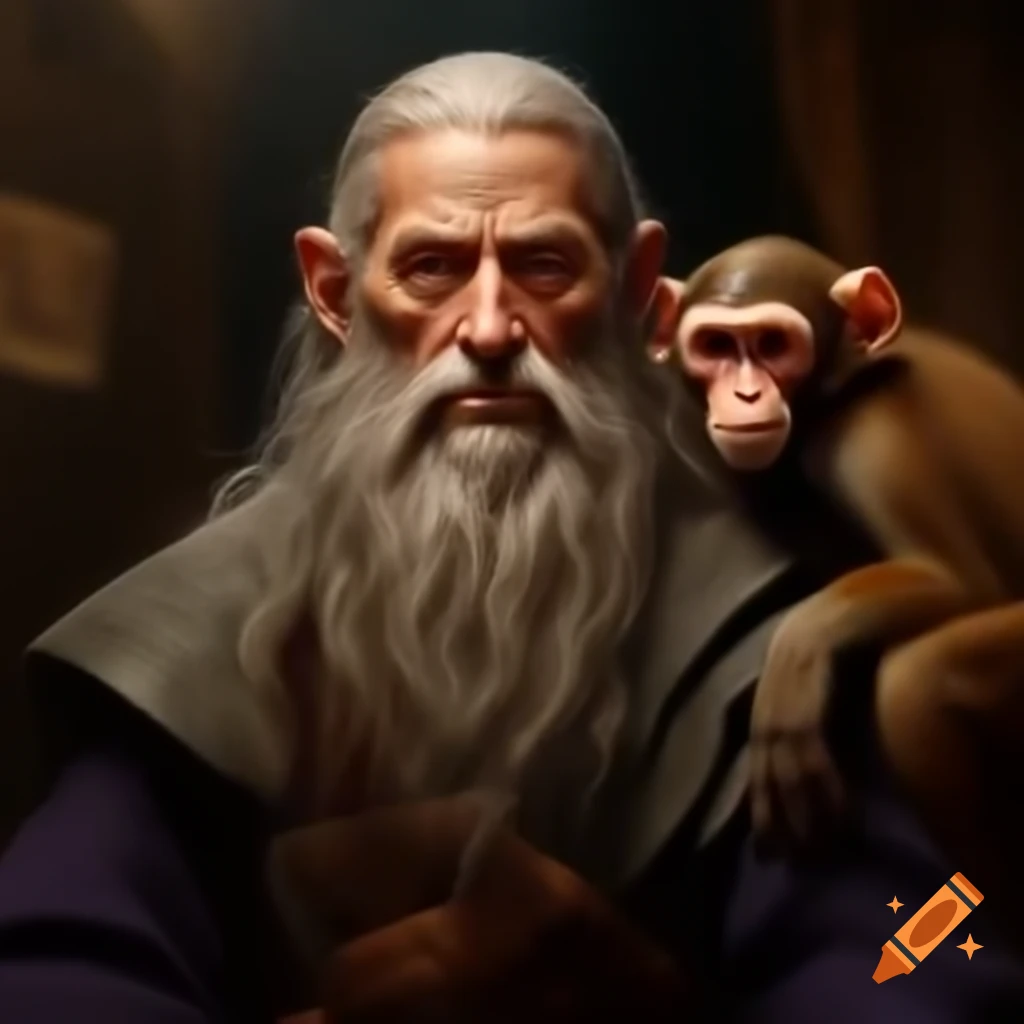 Middle-aged wizard with quarterstaff and monkey familiar on Craiyon
