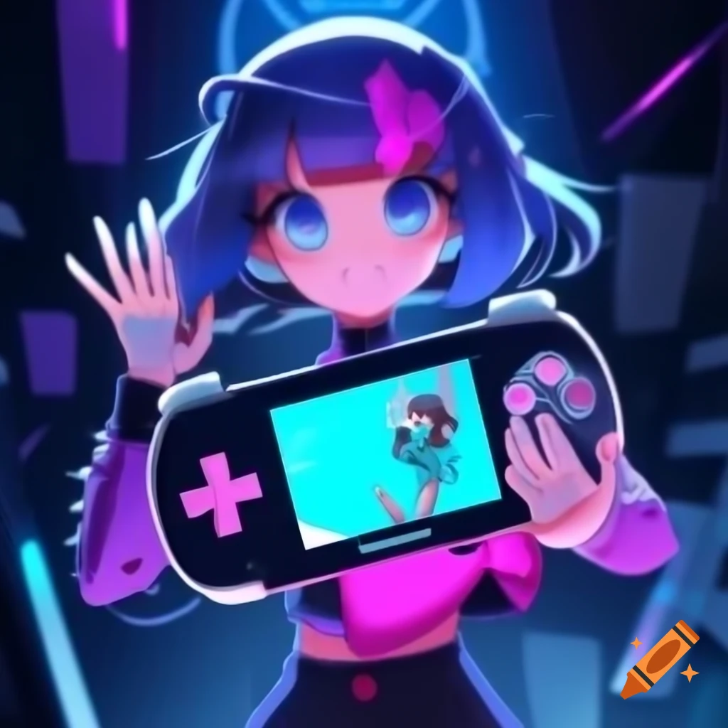 Vividly illustrated anime girl inspired by Sony PSP in futuristic urban ...