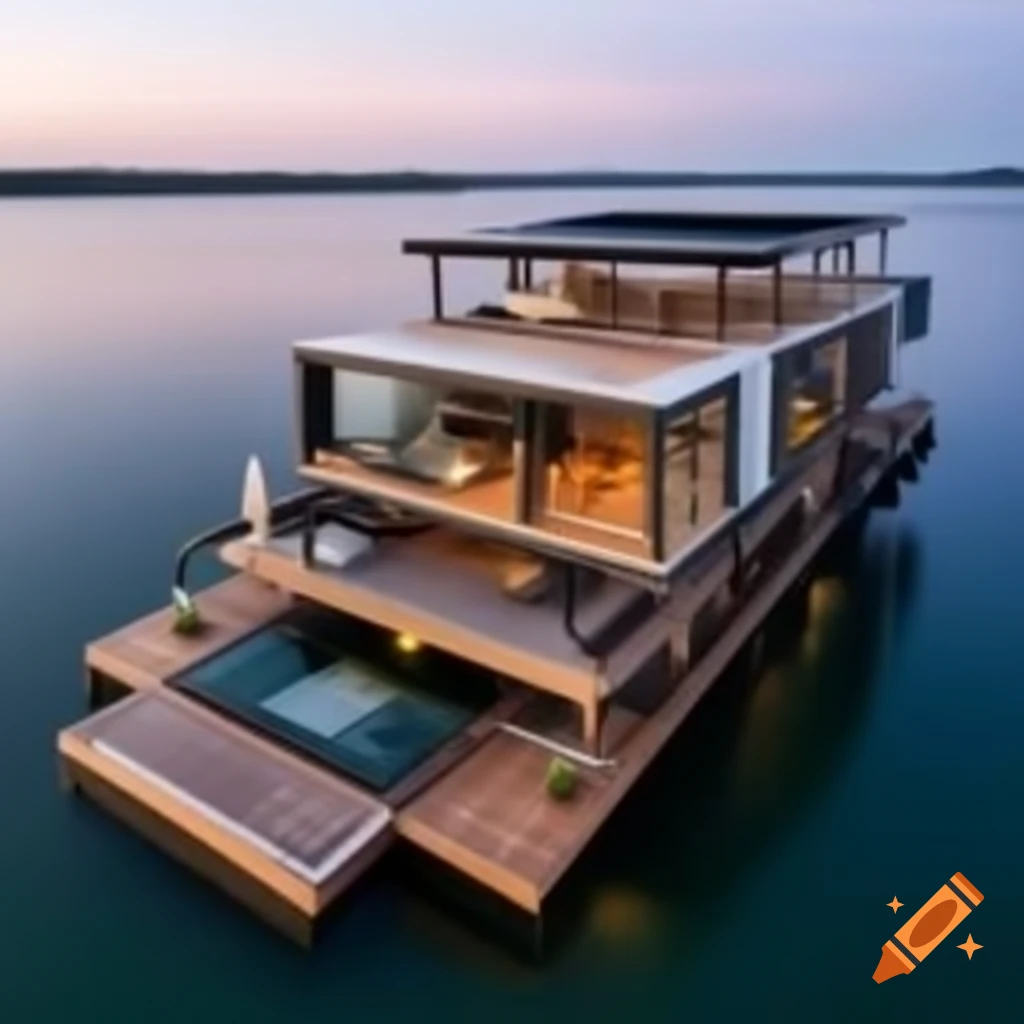 Contemporary floating home on calm river with steel and glass structure ...