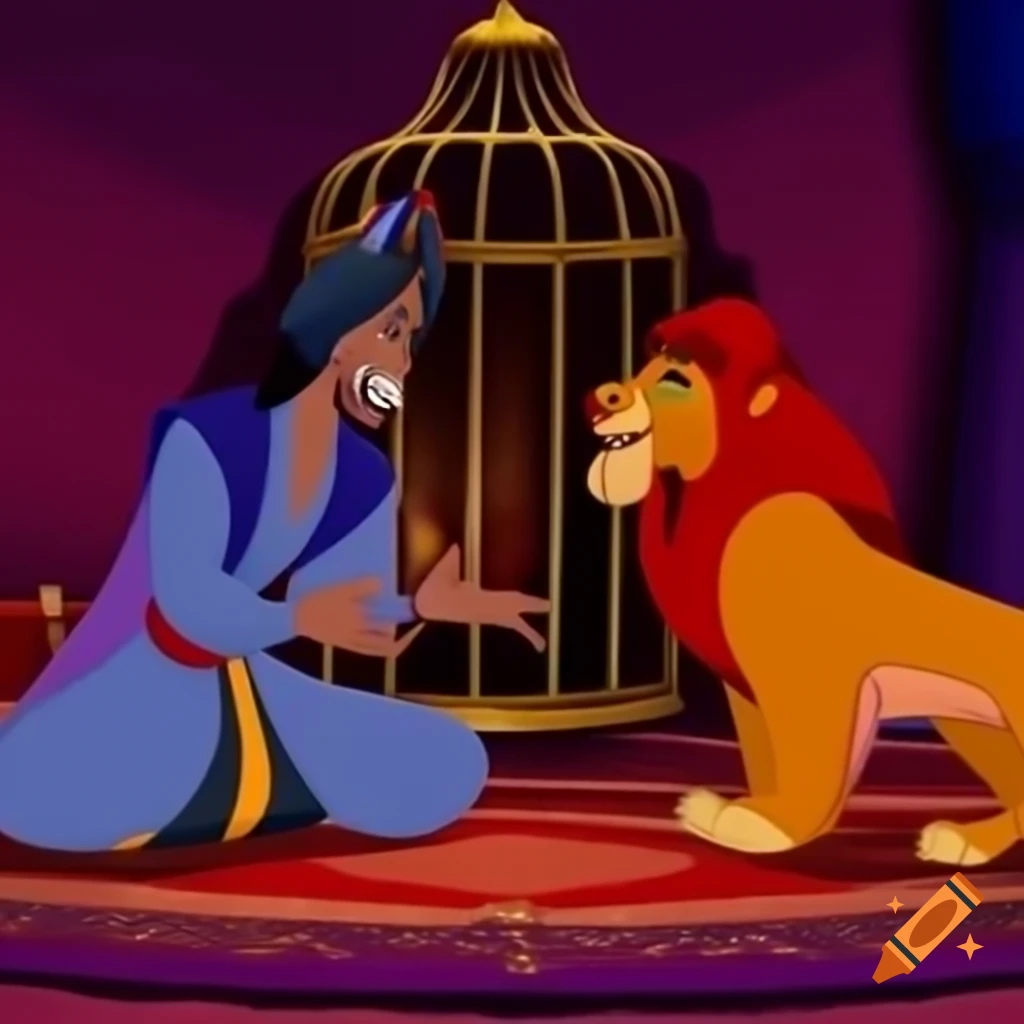Aladdin's Mustafa in a cage fight with Lion King's Mufasa on Craiyon