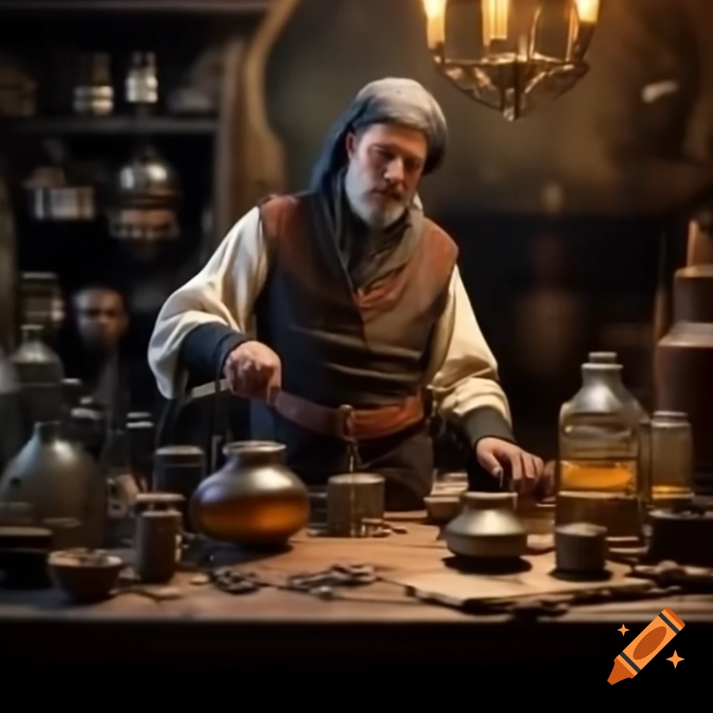 Medieval apothecary scene with various herbs and potions on Craiyon