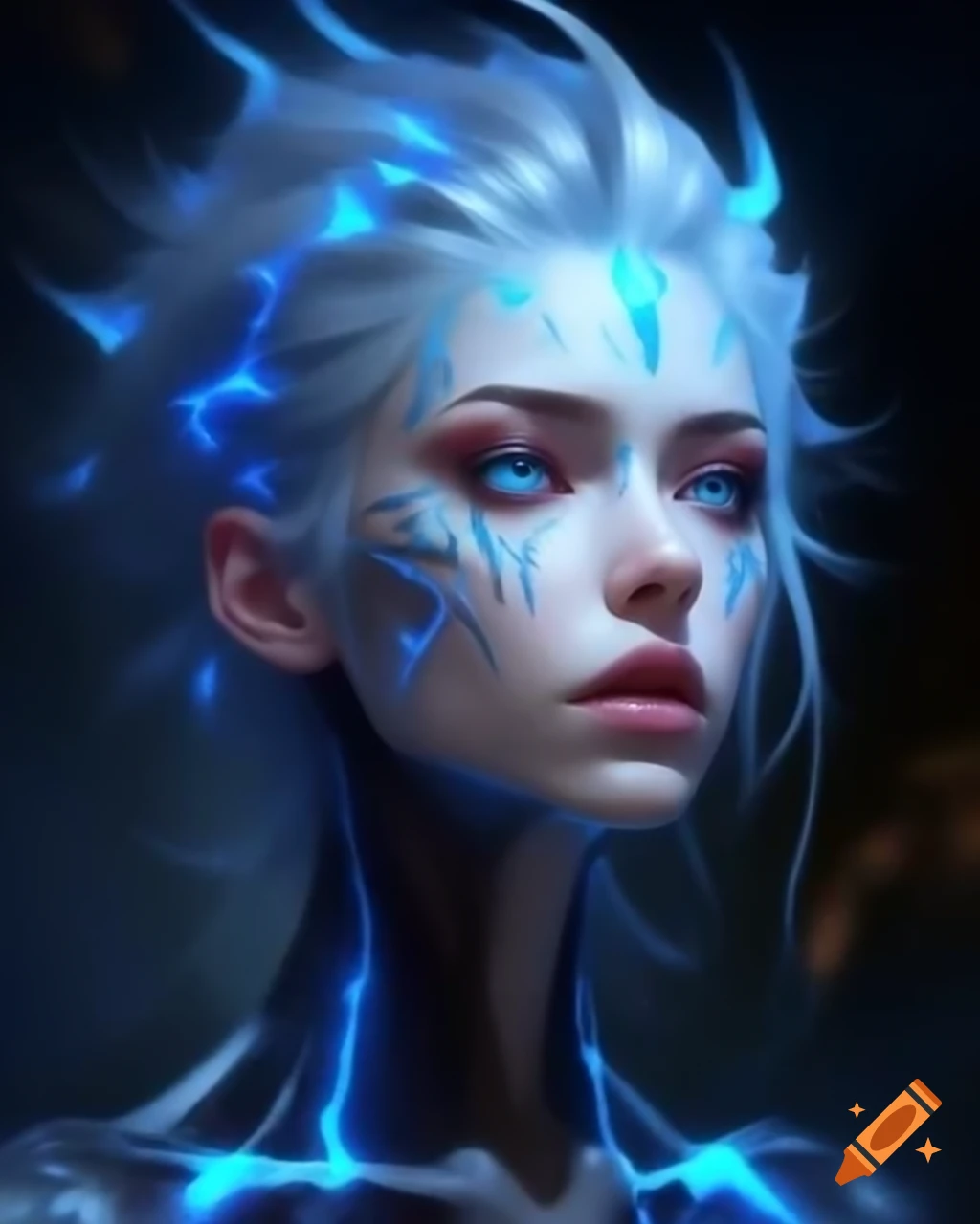 Lynara with silver hair tipped in electric blue, graceful movement and ...