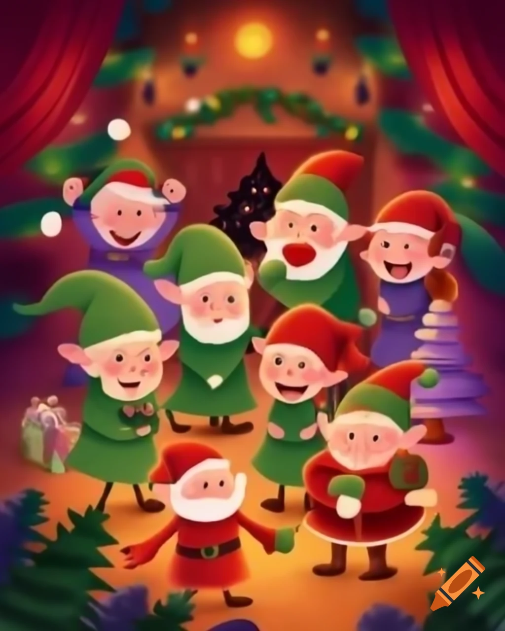Joyful Christmas scene with cartoon-style elves dancing and making ...