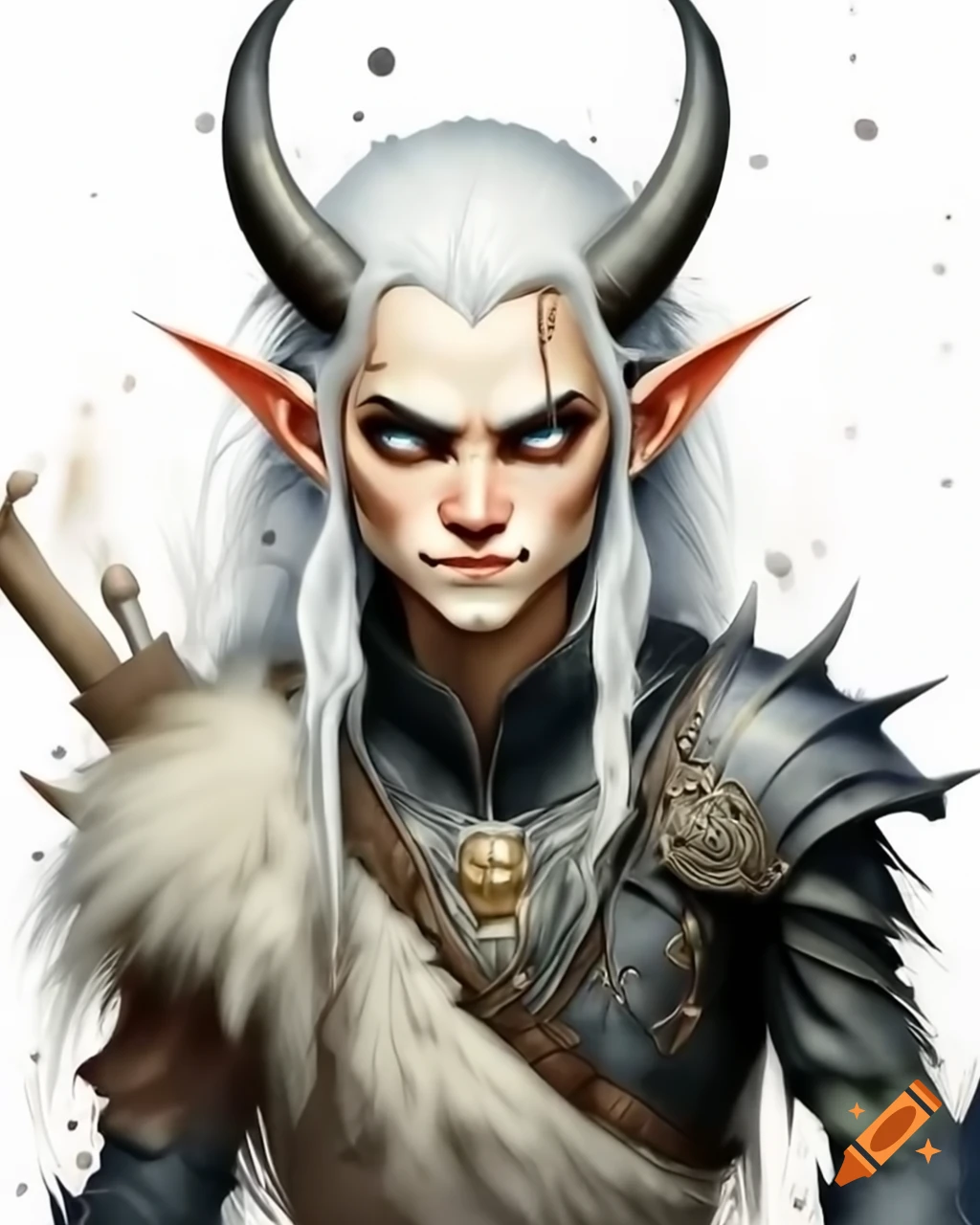Brooding male elf with long black horns and white hair in rugged bandit ...