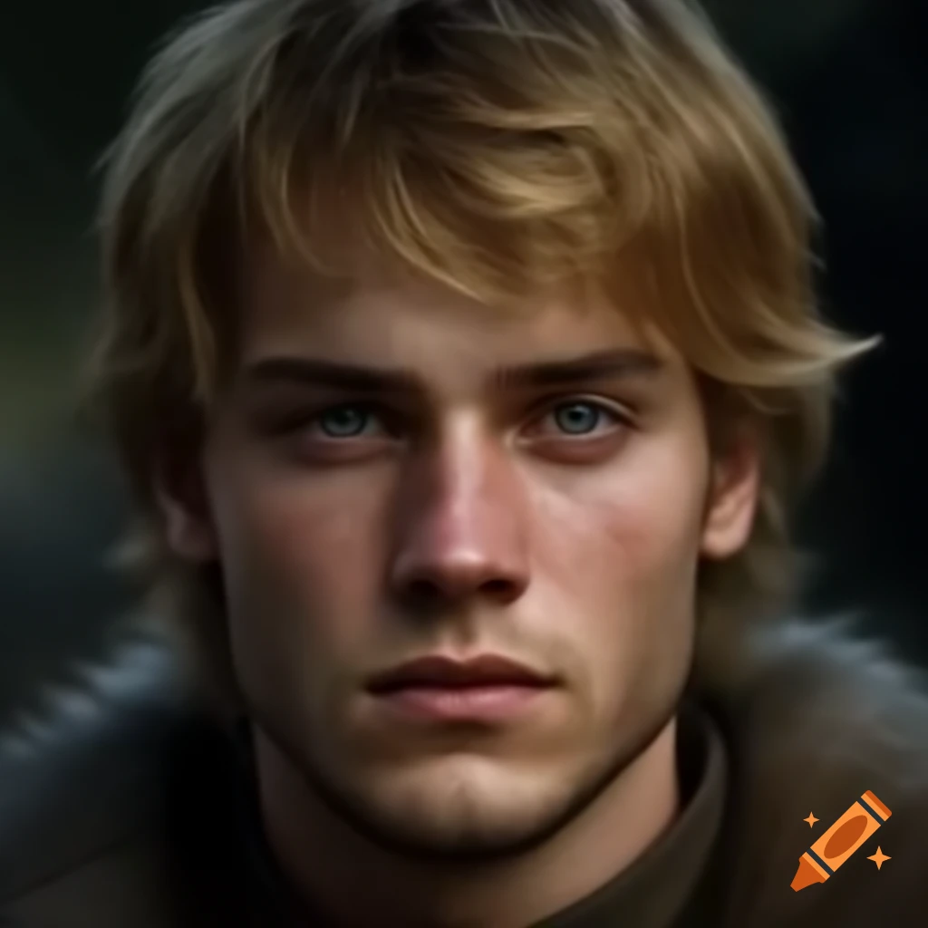 Rugged medieval young man with tousled blonde hair and scar on face ...