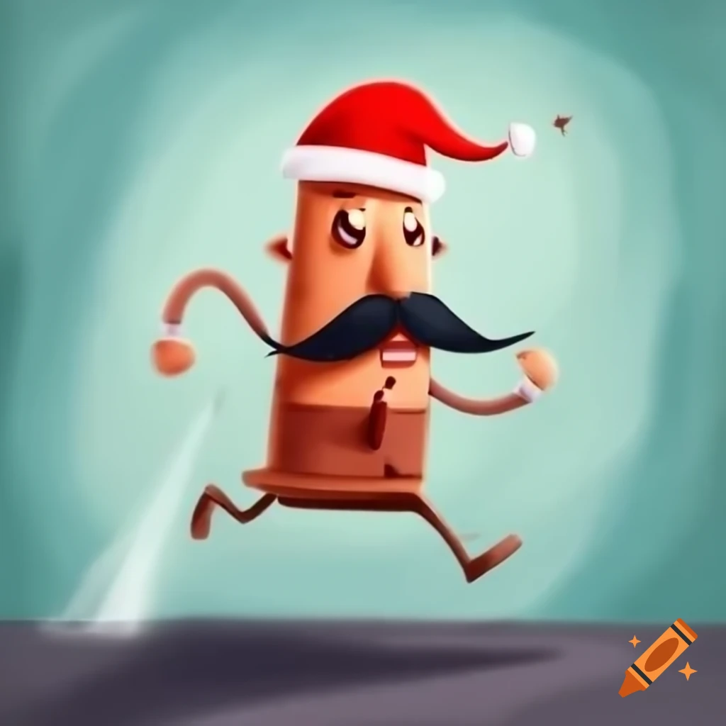 Tall man with mustache and santa hat running marathon, wide angle ...