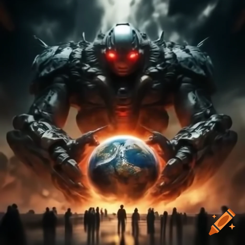 Giant robot with red glowing eyes shaking the earth and scattering ...