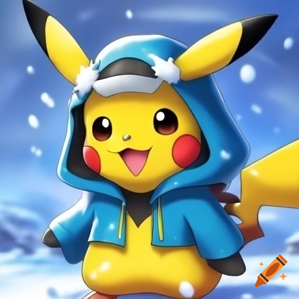 Pikachu in hoodie for winter with falling snow particles on Craiyon