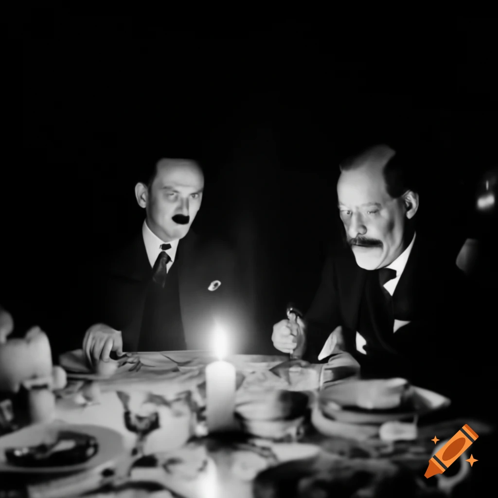 Adolf Hitler and Sigmund Freud at a candlelit dinner setting on Craiyon