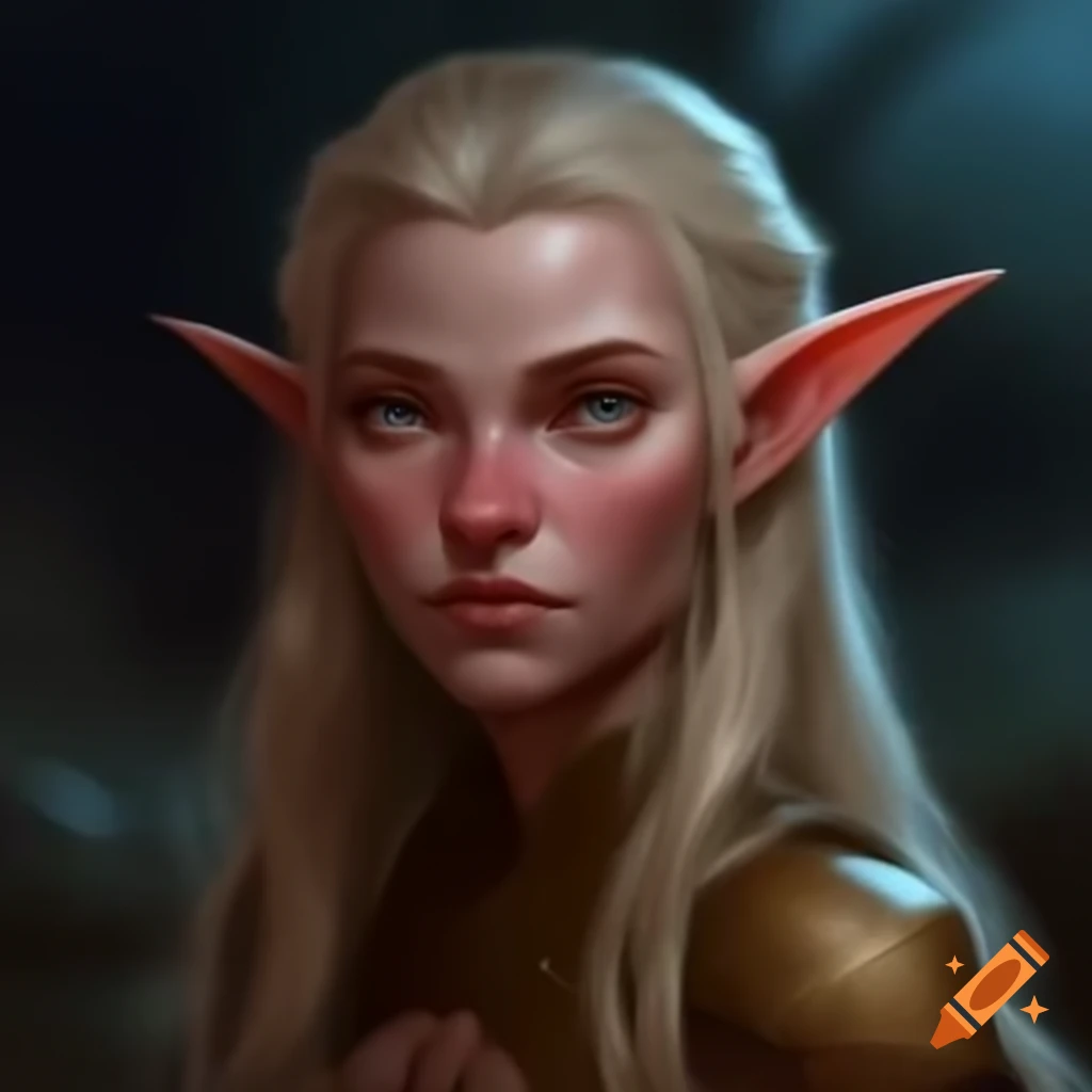 High elf woman with tan skin and long blonde hair gazing pensively on ...