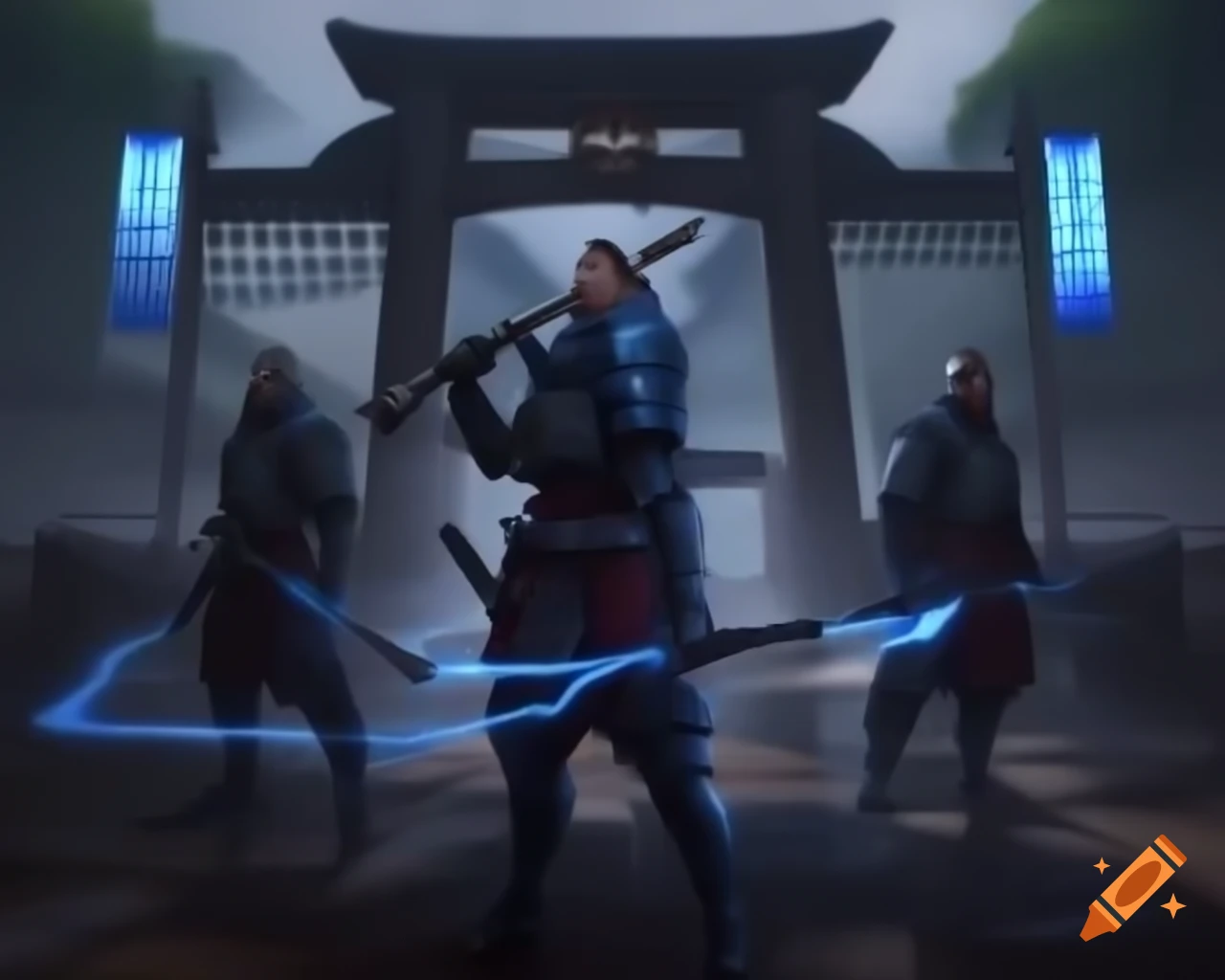 Three blue samurai in electrified armor guarding a large gate with blue ...