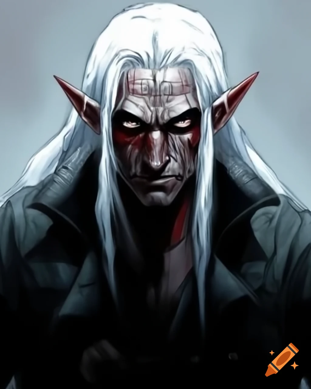 Brooding male elf with long black horns and white hair in rugged bandit ...