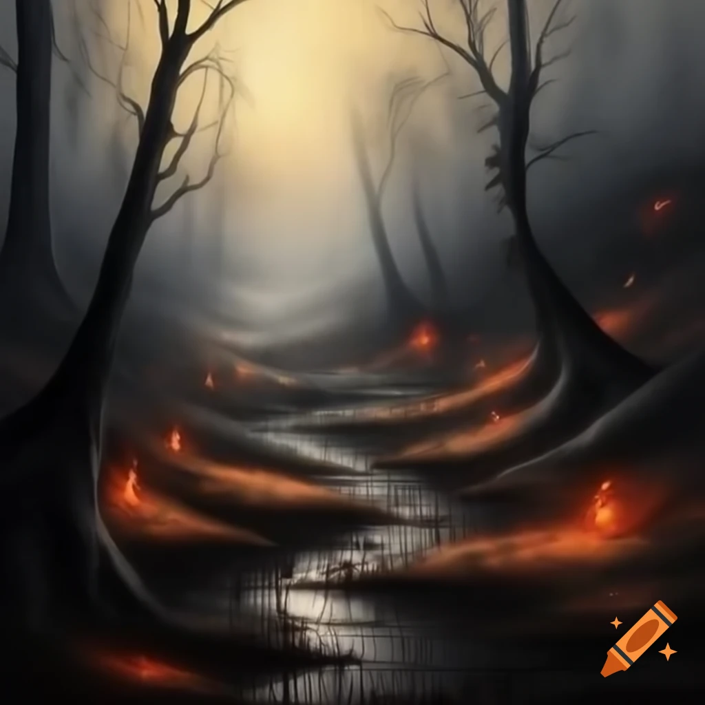 Nightmarish landscape with twisted dead trees and scattered old open ...