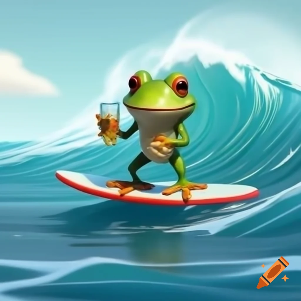Realistic frog surfing on wave with a drink on Craiyon