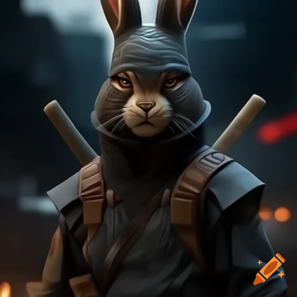 Dystopian landscape with ninja rabbit battling final boss on Craiyon