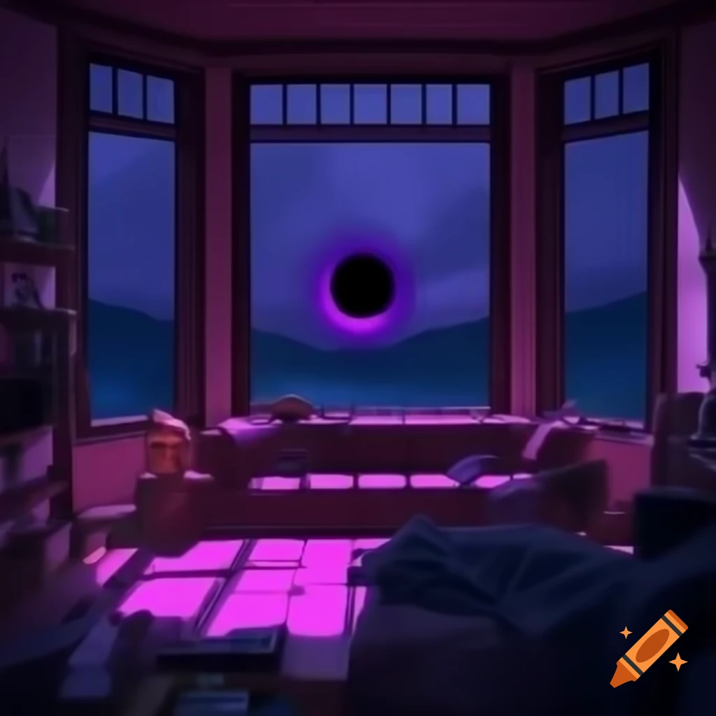Liminal living room landscape with purple black hole and starry windows ...