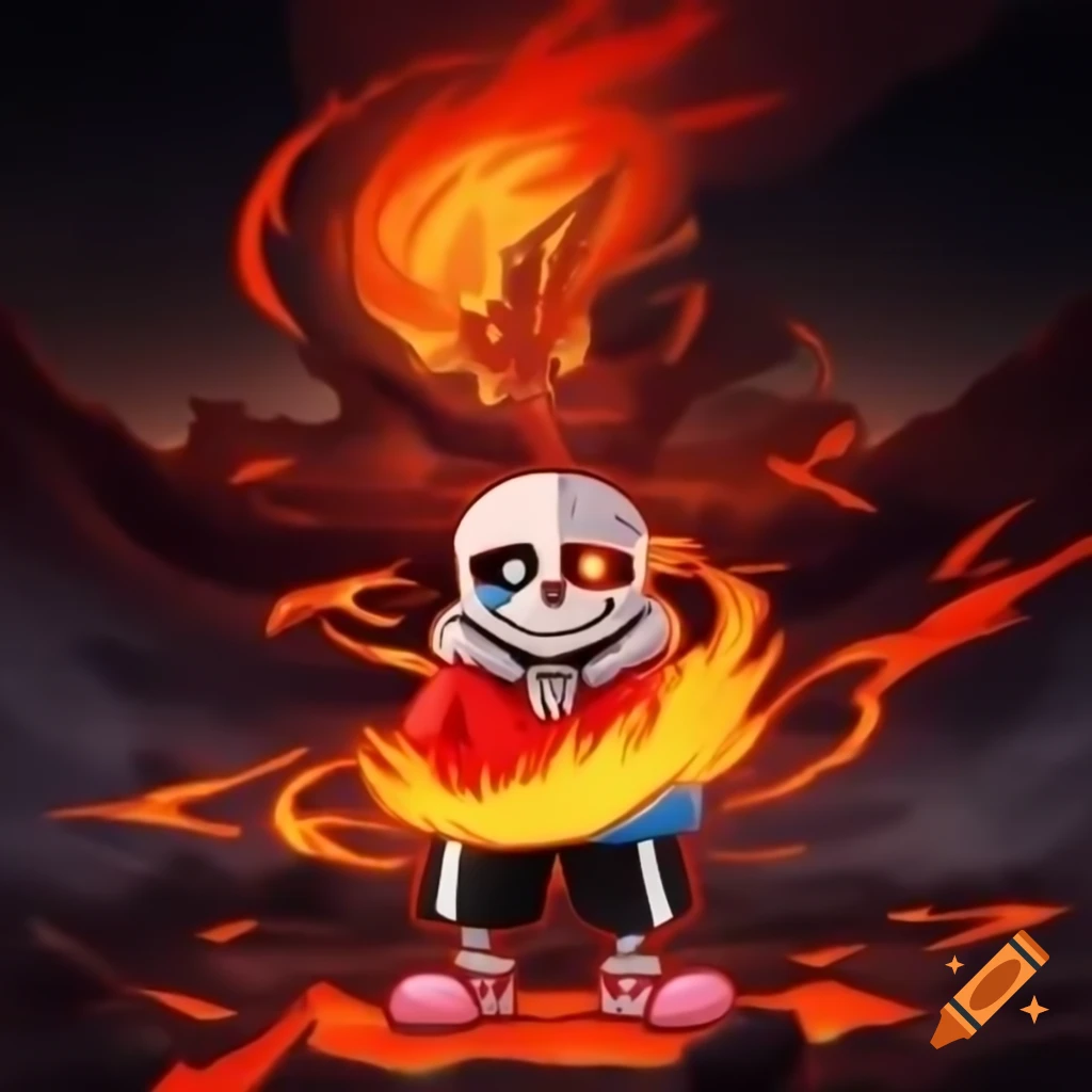 Burning Sans character with volcanic eruption powers on Craiyon