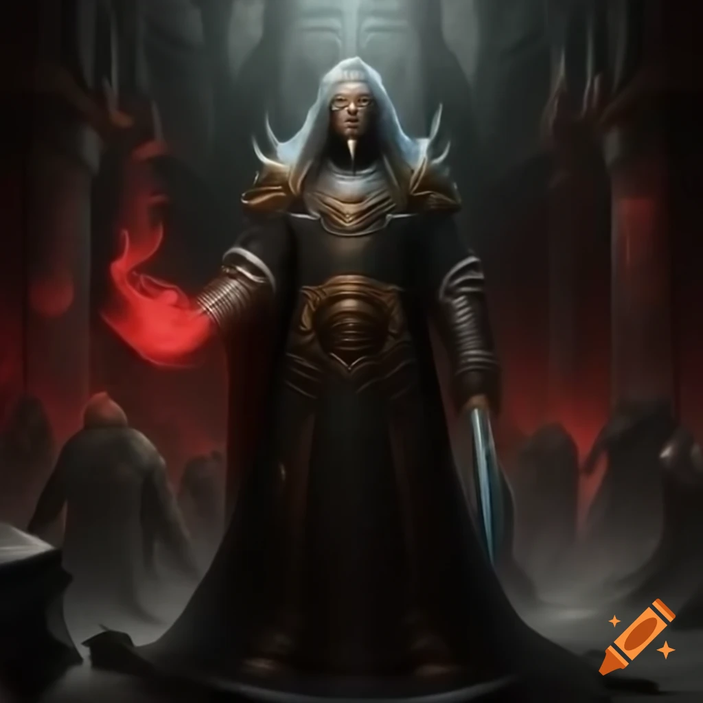 Dark mage in ornate black and red robe with glowing crimson runes on ...