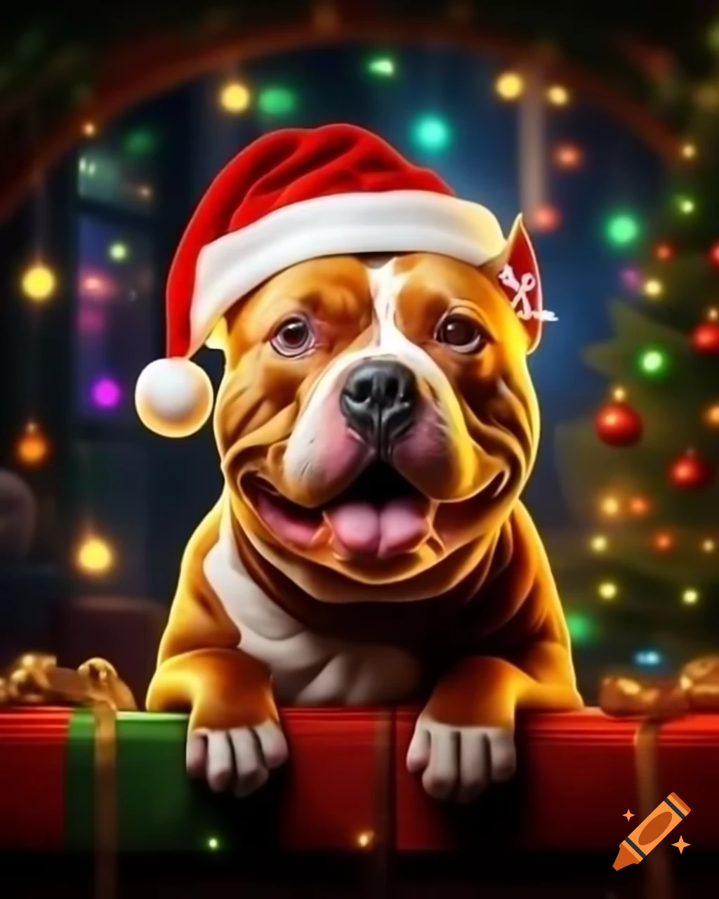 American Bully dog in Santa hat tangled in Christmas lights on Craiyon