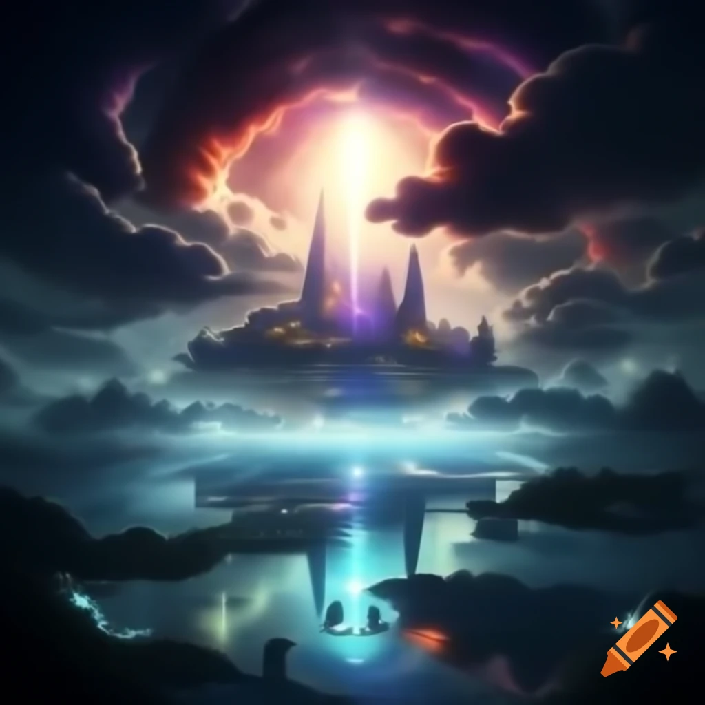 Ethereal floating city in clouds over China, colorful mirage effect on ...