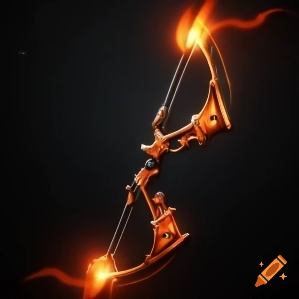Elegant divine bow made from molten metal and dark wood, glowing with ...