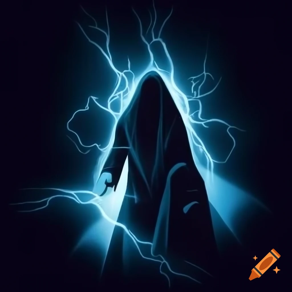 Spectral figure illuminated by fierce lightning in dramatic scene on ...