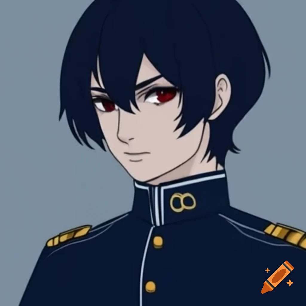 Anime-style portrait of calm young adult male character with dark hair ...