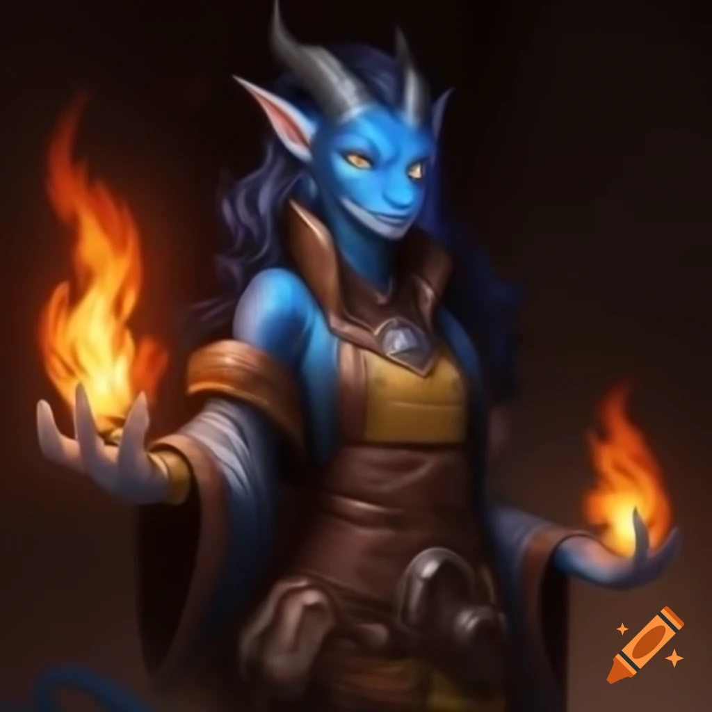 Blue female dragonborn sorcerer casting fire on Craiyon