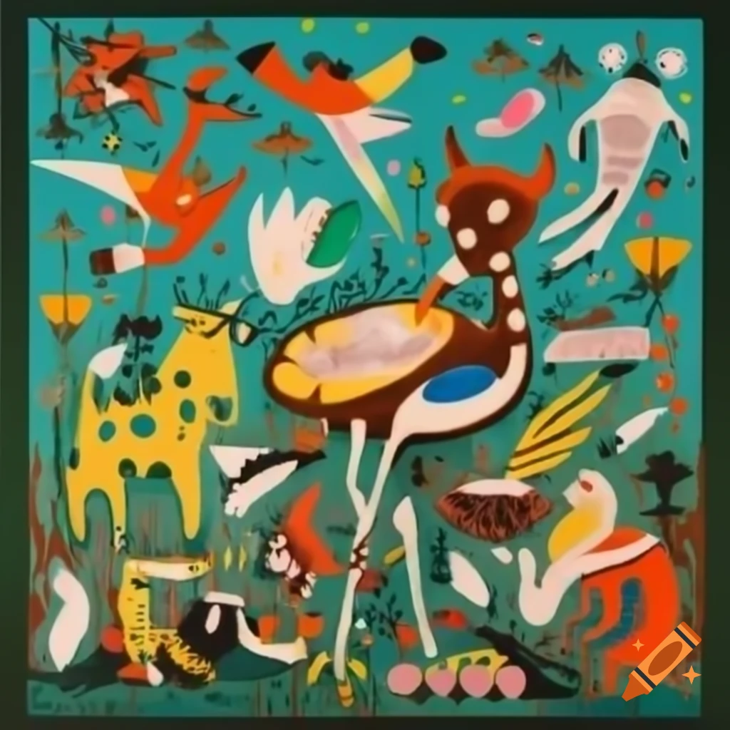 Whimsical forest animals and bold birds in vibrant, dreamlike canvas ...