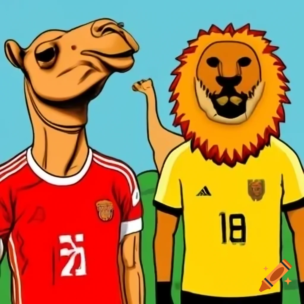 Poster featuring camel in red soccer jersey and lion in yellow soccer ...
