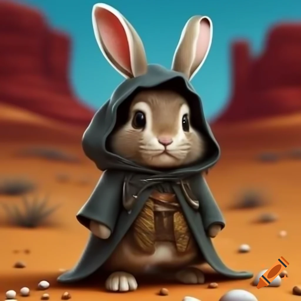 Mystical rabbit in cloak standing in the desert on Craiyon