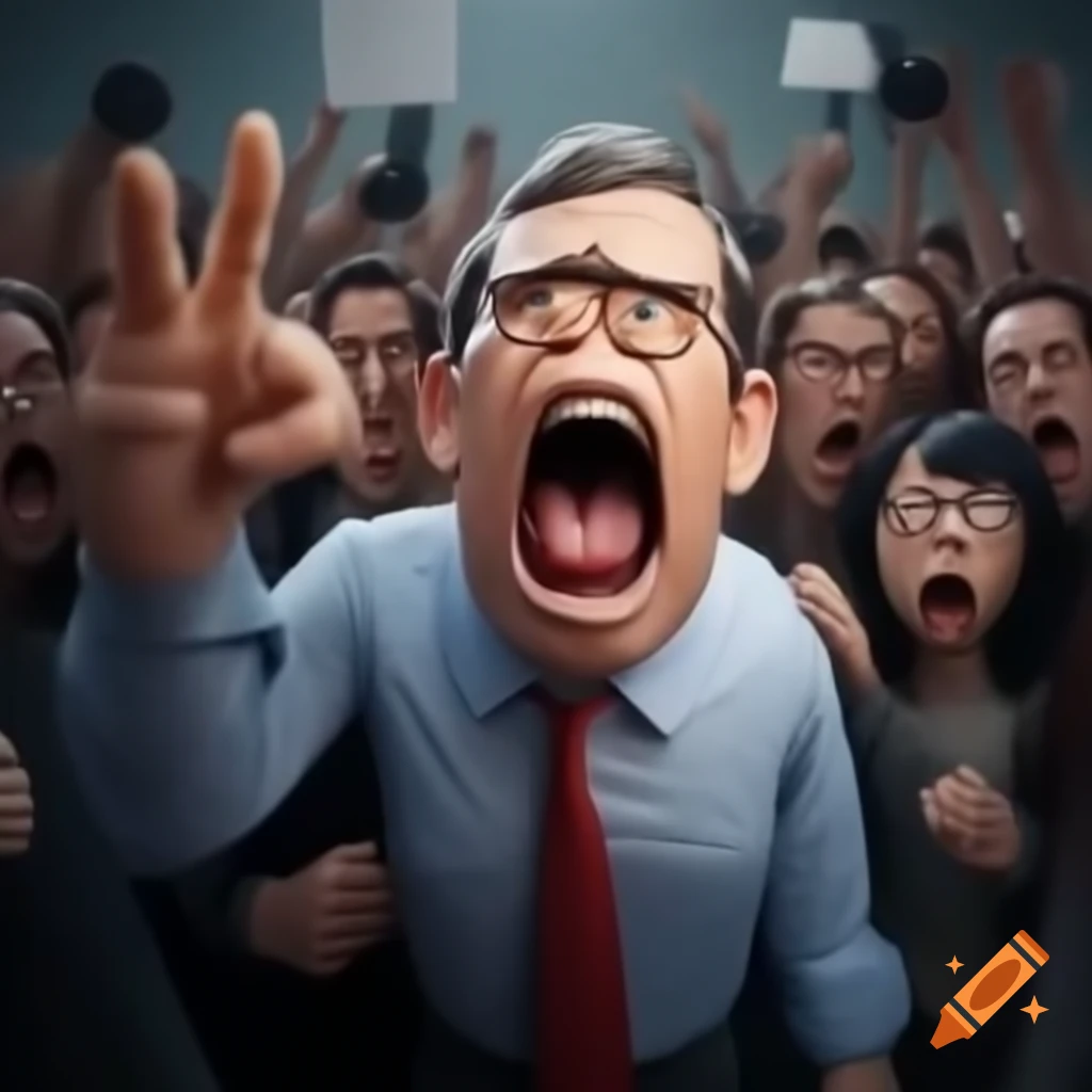 Cartoon journalist reaching out to get speaker's attention amidst crowd ...