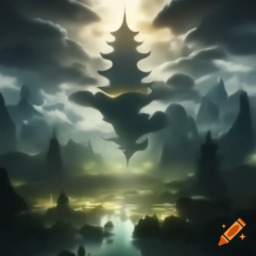 Surreal floating city in clouds above China with futuristic skyscrapers ...