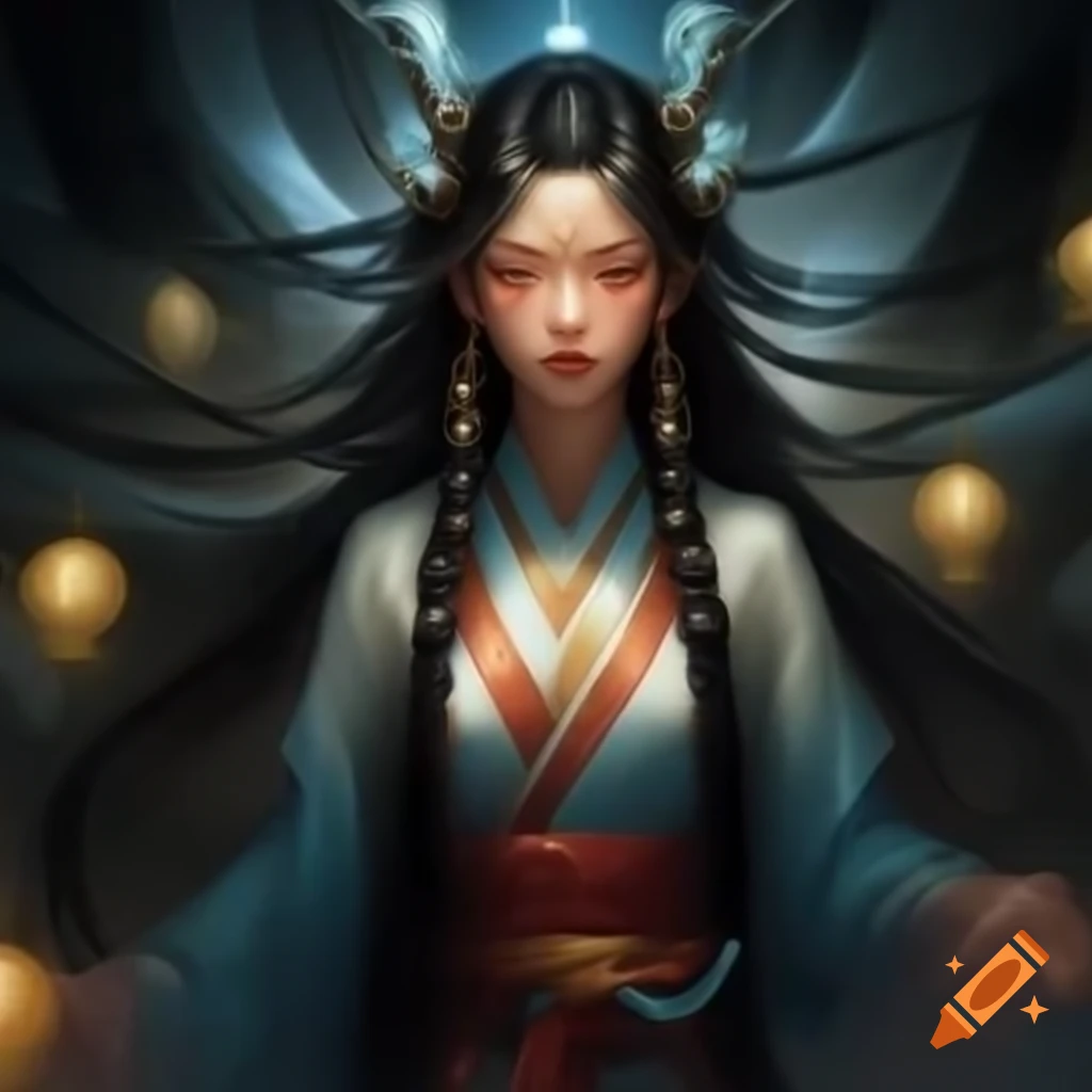 Young human sorceress in Asian attire with glowing runes on Craiyon