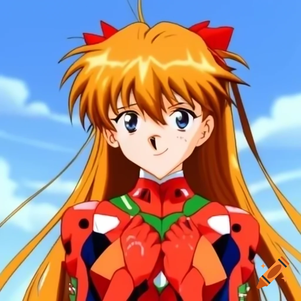 Asuka Langley Soryu in red plugsuit with smug expression, 1990s anime ...
