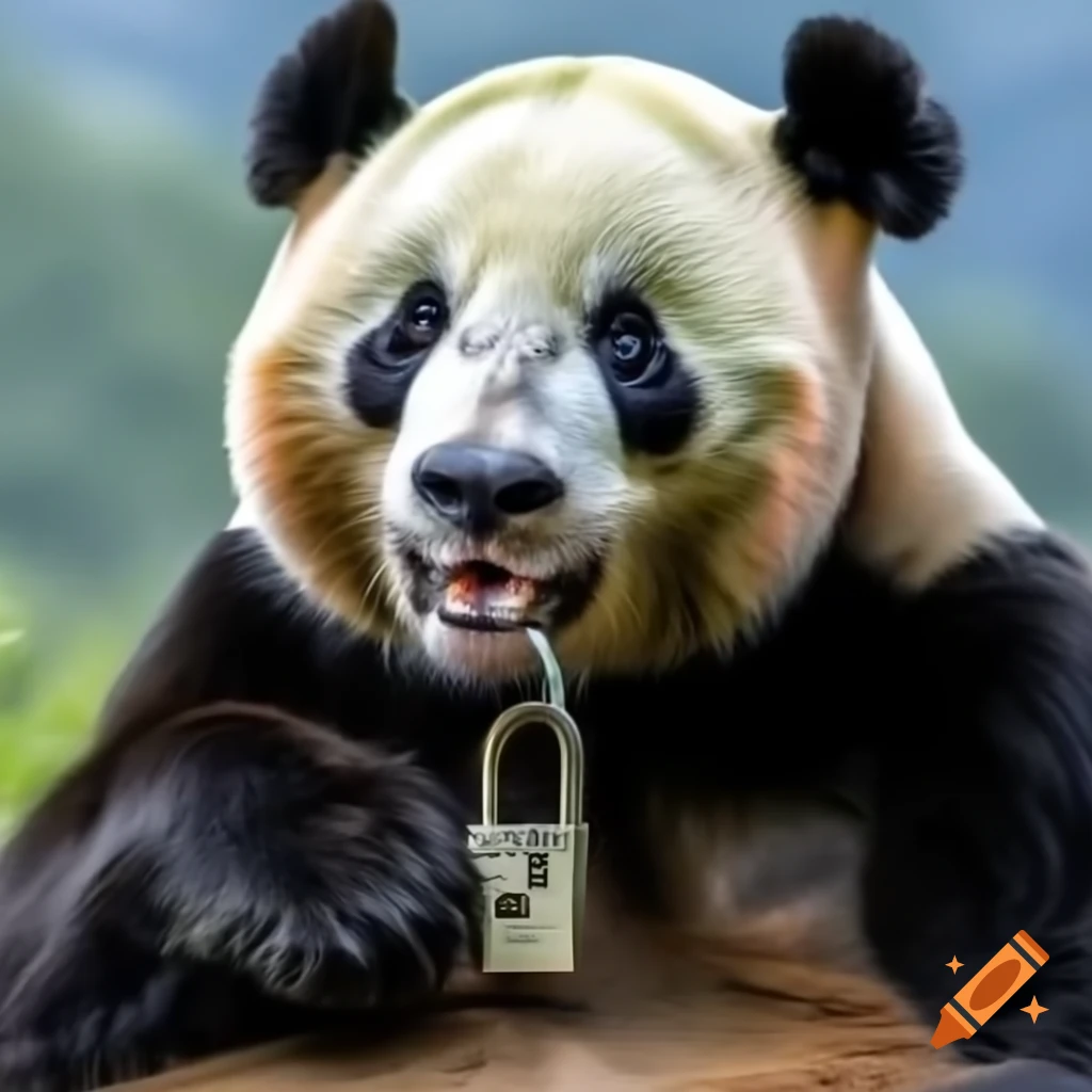 Humanoid panda character holding a lock on Craiyon