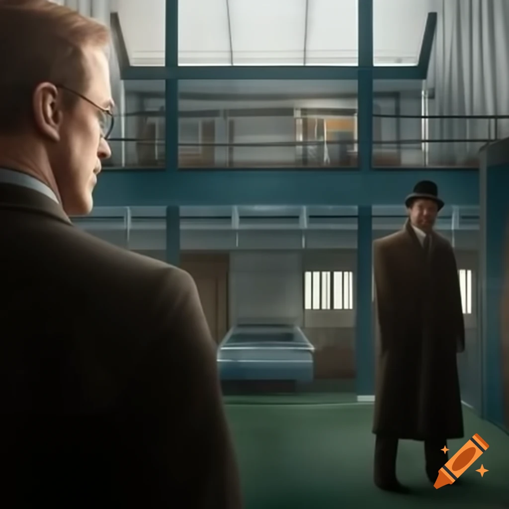 Suspenseful scene of a man blocking an exit, with a shocked expression ...