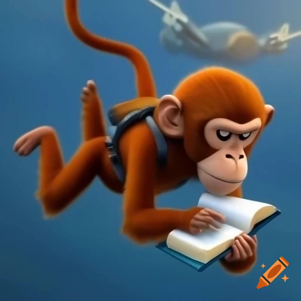 Determined monkey skydiving with textbooks before an exam on Craiyon
