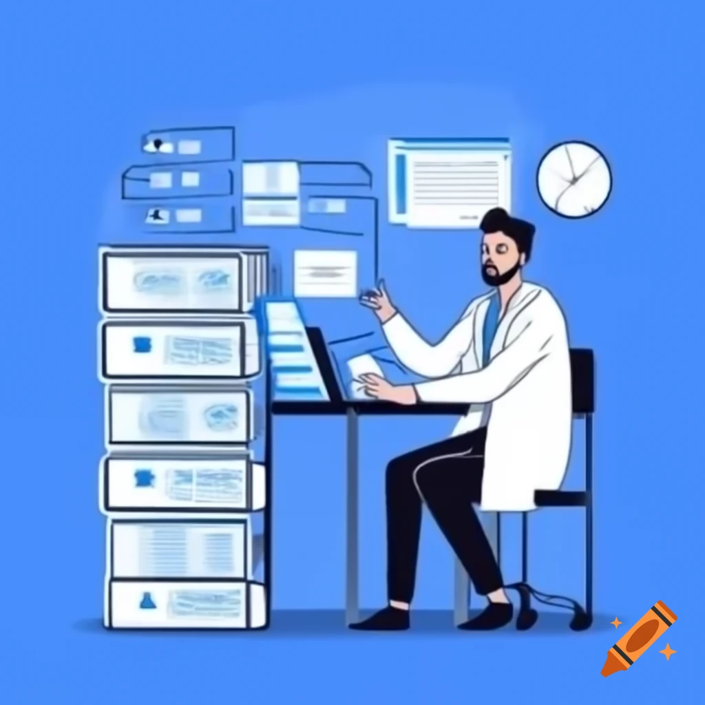 Cartoon of a crazy doctor of informatics technology working with ...