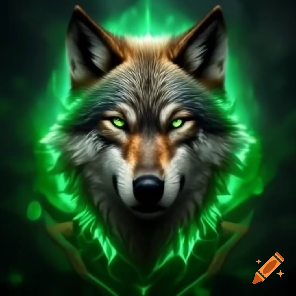 Alpha wolf against green and gold background on Craiyon