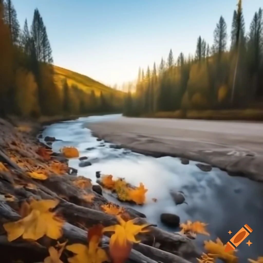 Shallow river in deep forest with maple, aspen, and birch trees in fall ...