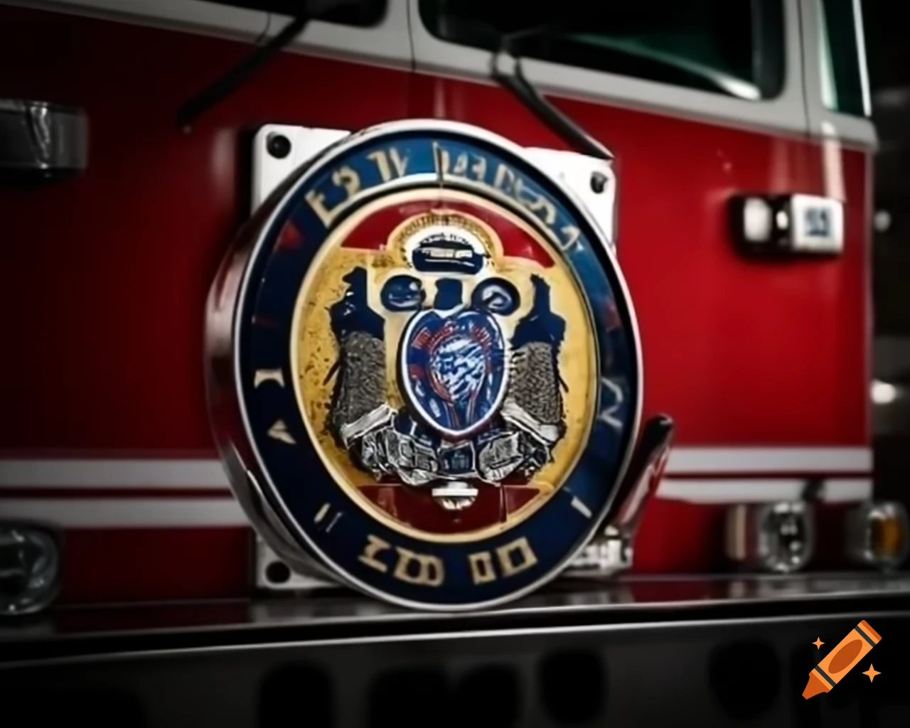 Heroic firefighter emblem with crest and firefighting equipment on Craiyon