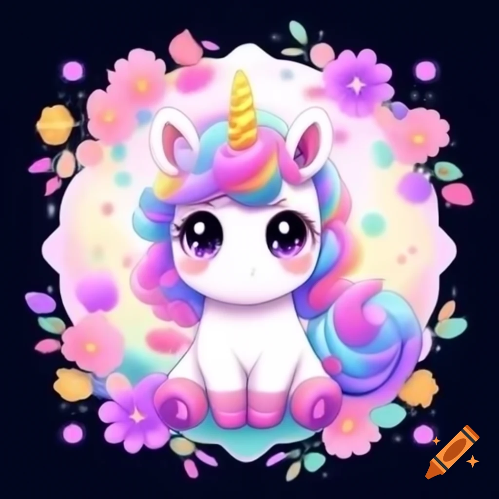 Chibi style pastel unicorn in circle frame with flowers and butterflies ...